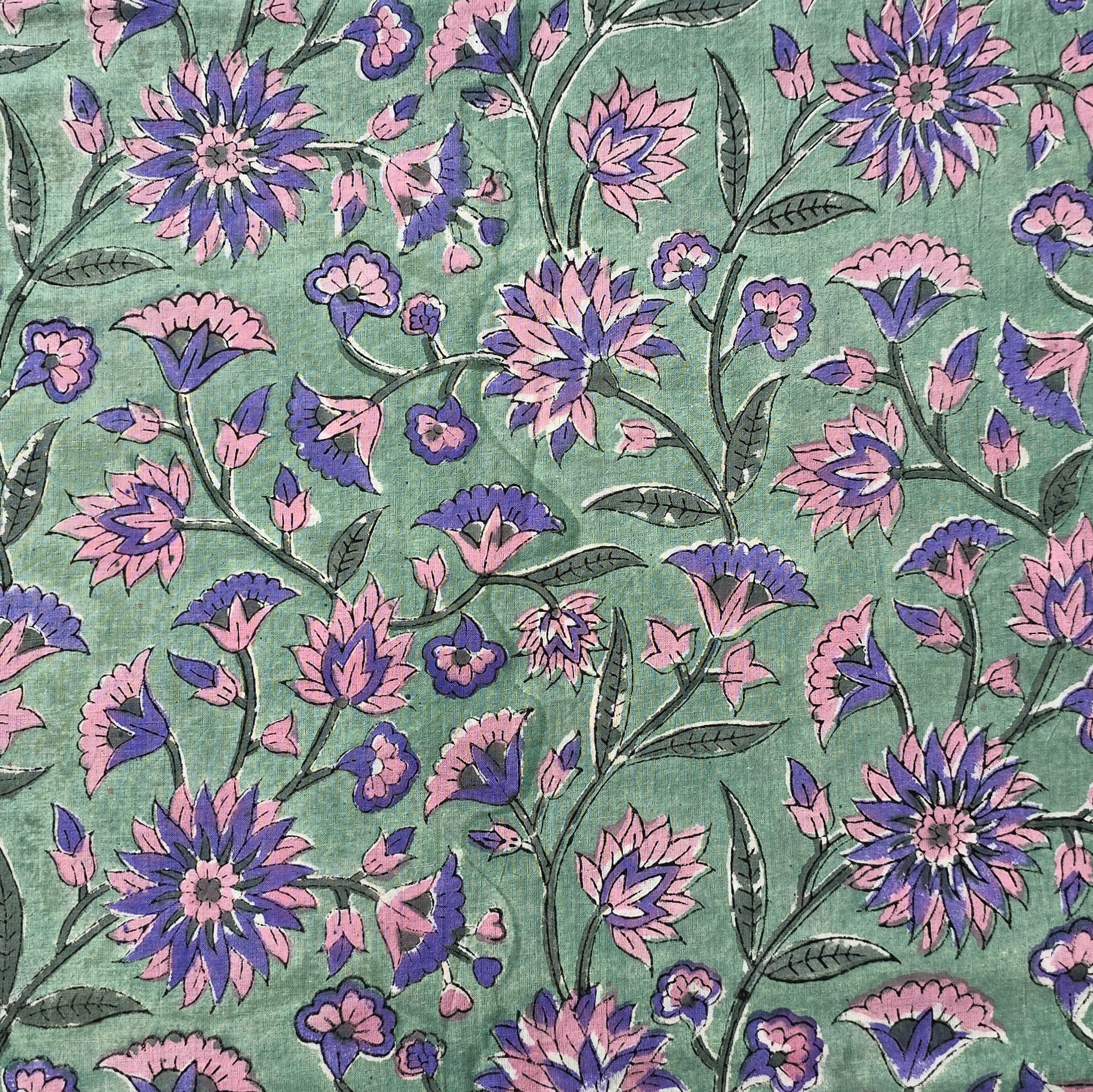 Pre-Cut( 1.35 Meter )Pure Cotton Jaipuri Green With Purple And Pink Fl – Sanskruti