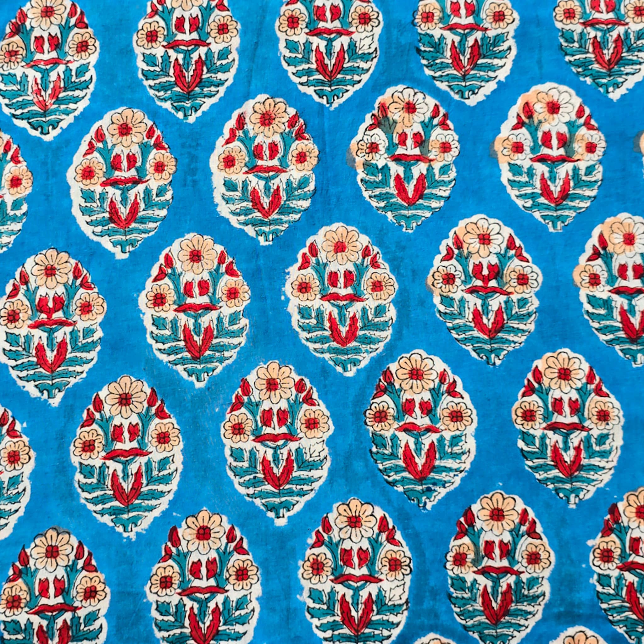 Pure Cotton Jaipuri Blue With Red Flower Motif Hand Block Print Fabric ...