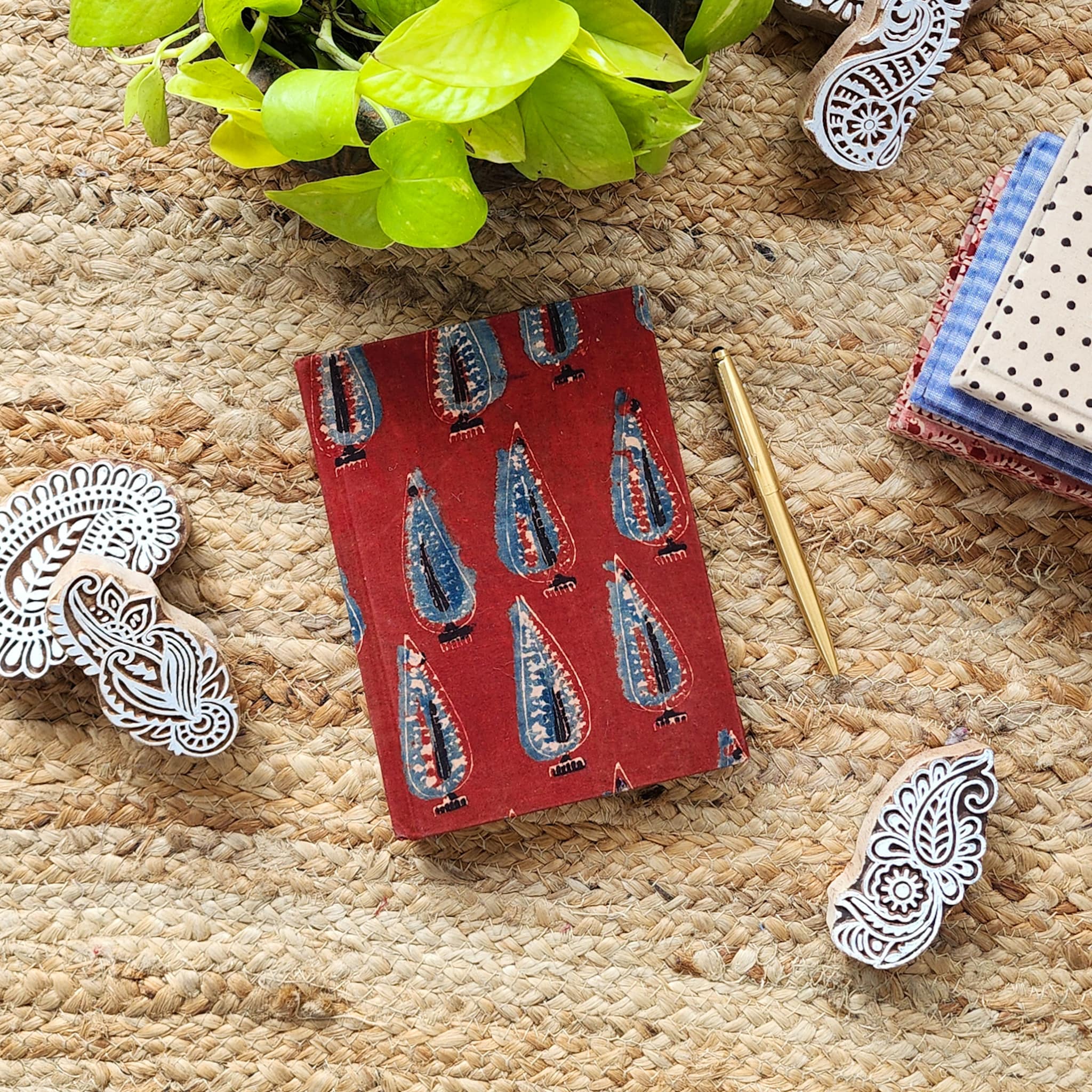 Handmade Upcycled Ajrak Rust Red With Blue Leaves Diary – Sanskruti