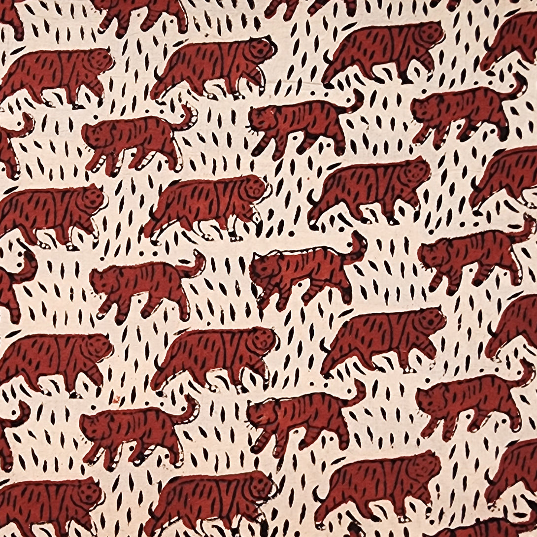 (PRE-CUT 1.60 METER) Pure Cotton Bagru Cream With Red Tiger Motif Hand ...