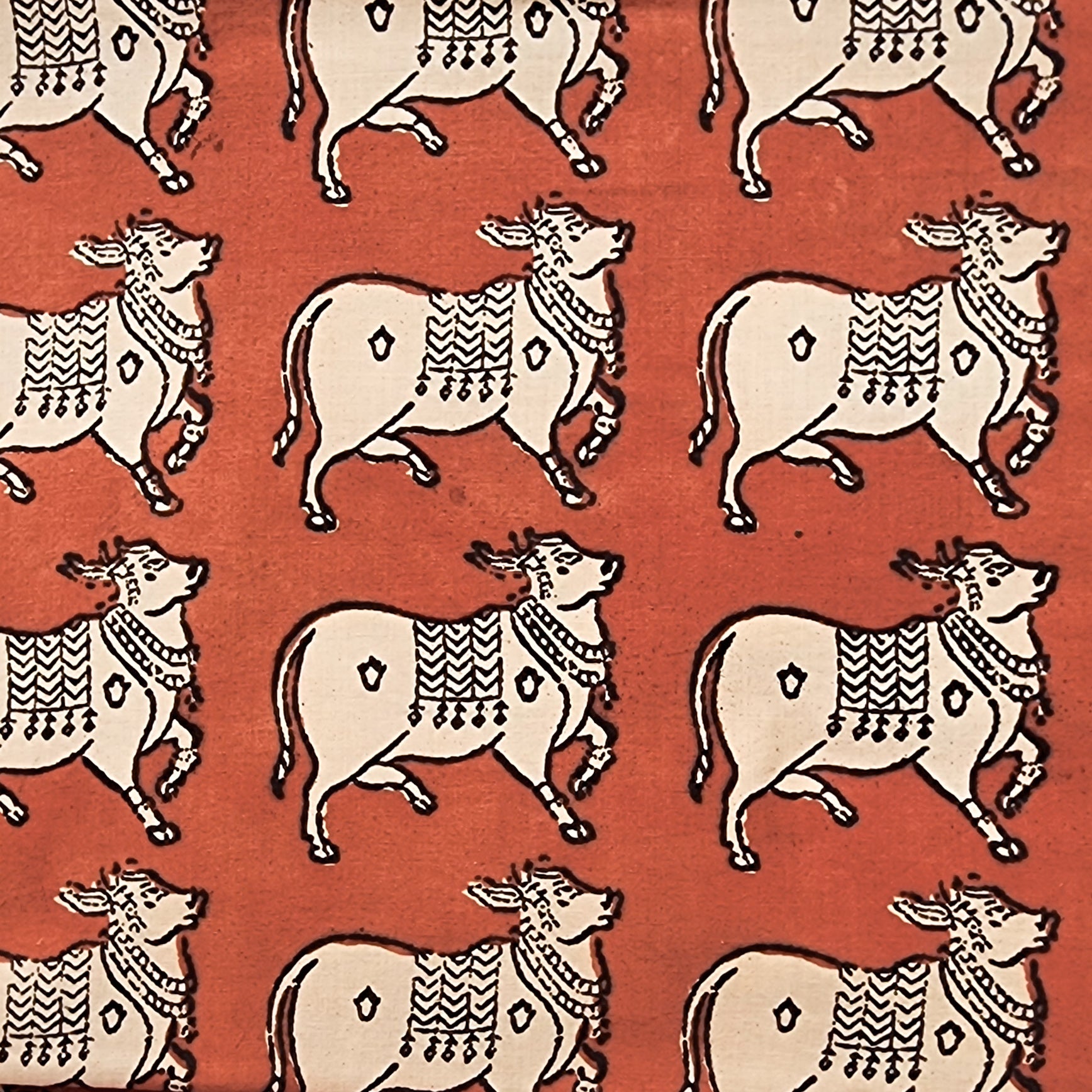 Pure Cotton Bagru Rust Red With Cream Cow Motif Hand Block Print Fabri ...