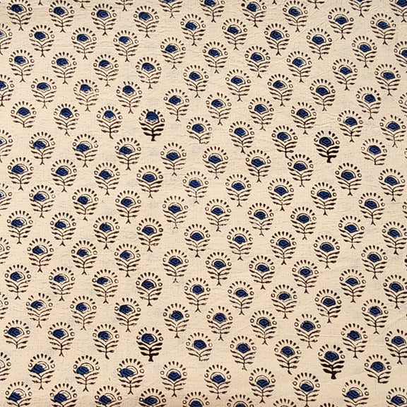 Pure Cotton Bagru Cream With Blue Tiny Flower Motif Hand Block Print F ...