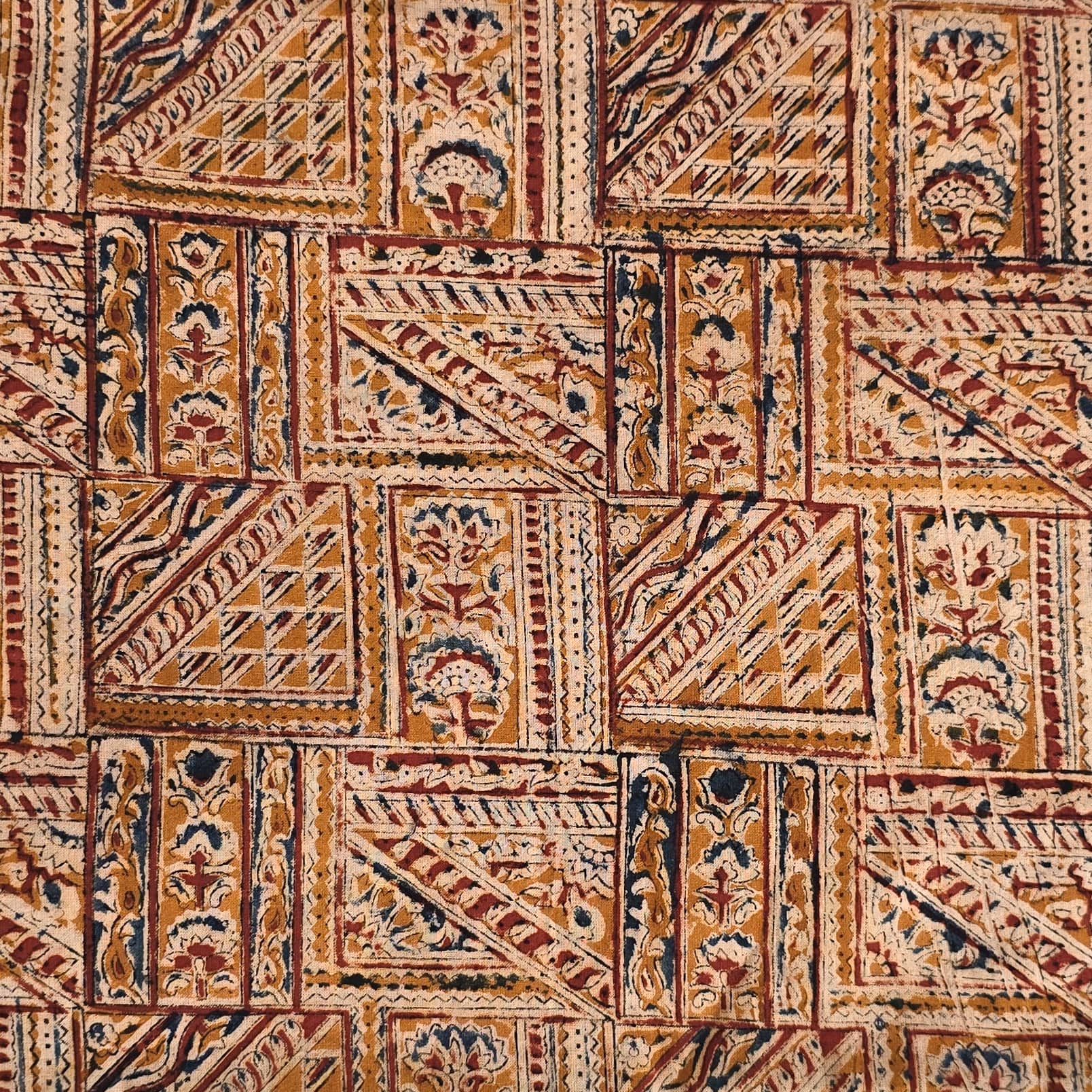 Pure Cotton Kalamkari Red With Mustard Tribal Tiles Hand Block Print F ...