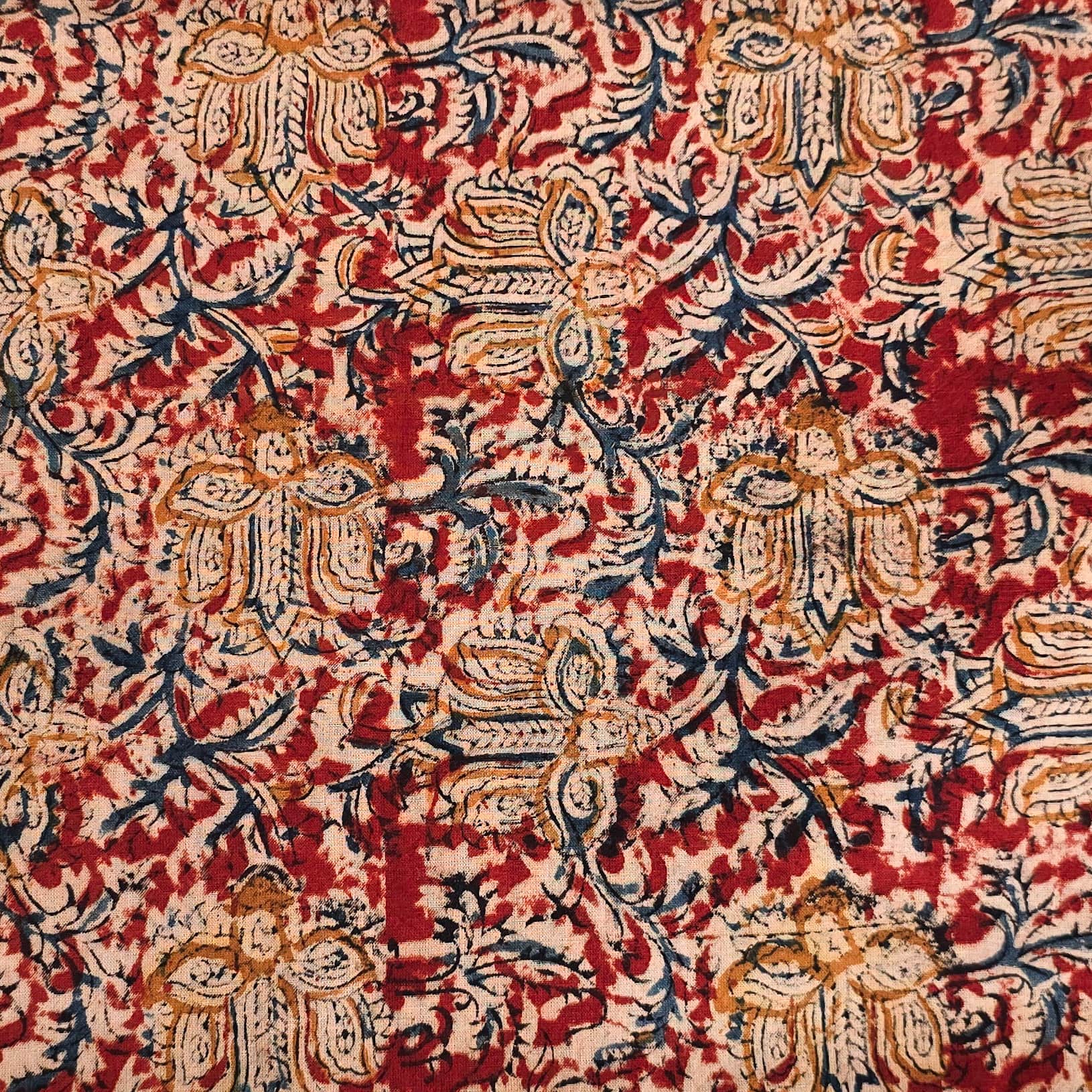 Pure Cotton Kalamkari Rust Red With Rust Blue And Mustard Flower Jaal ...