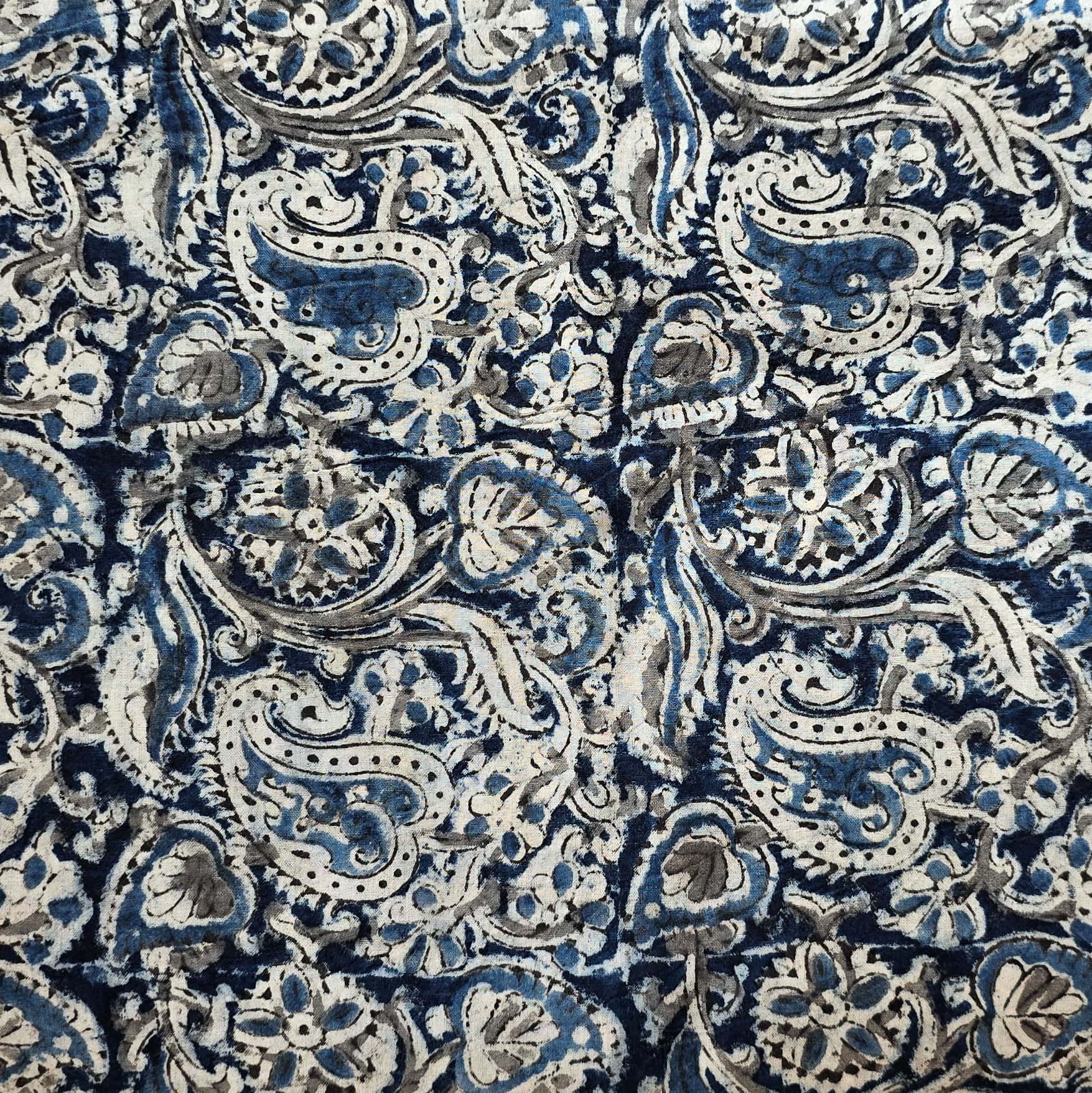 Pure Cotton Kalamkari Blue With Grey Kairi Jaal Hand Block Print Fabri ...
