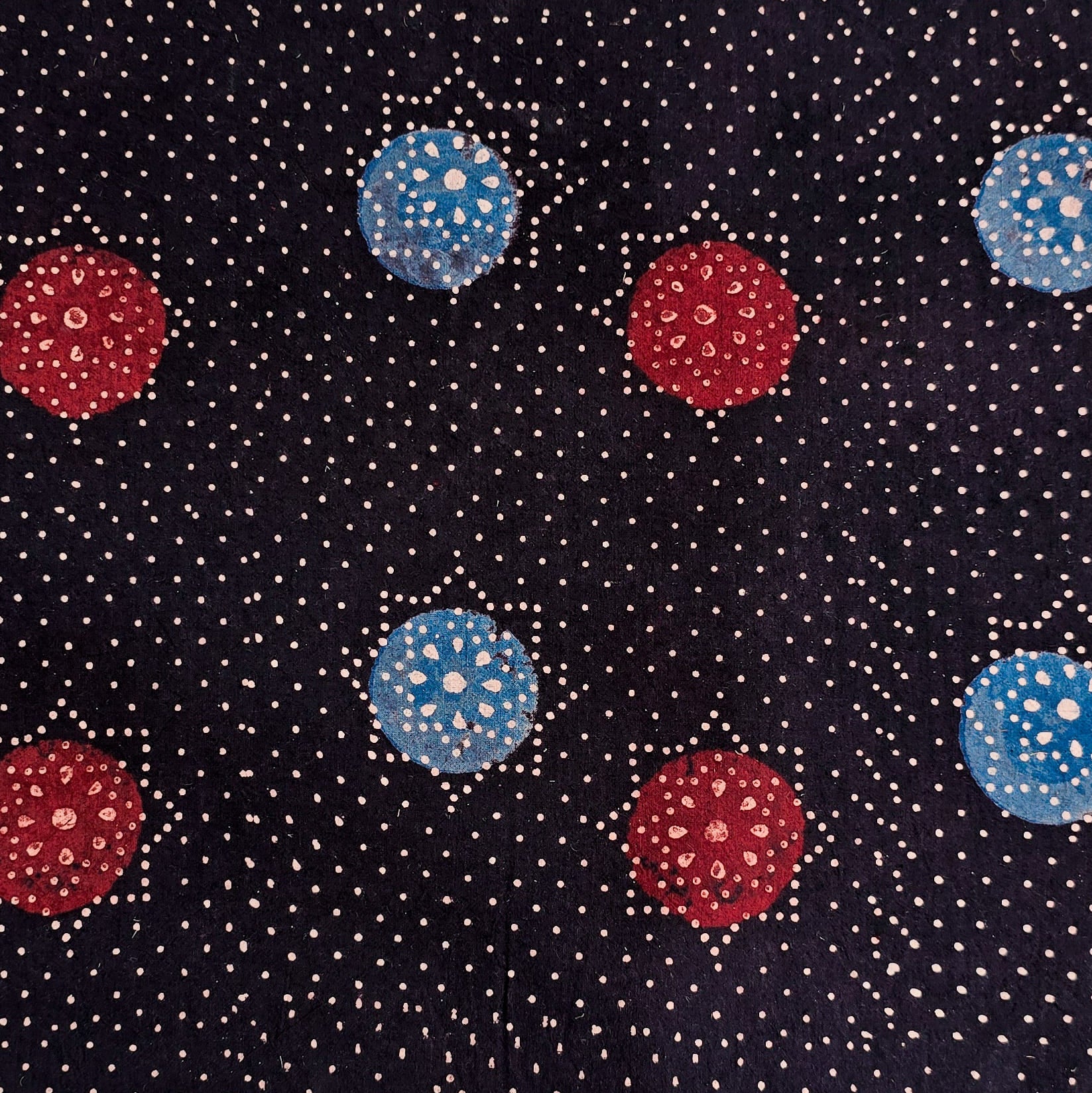 (PRE-CUT 1.90 METER)Pure Cotton Ajrak Black With Red And Blue Star Mot ...