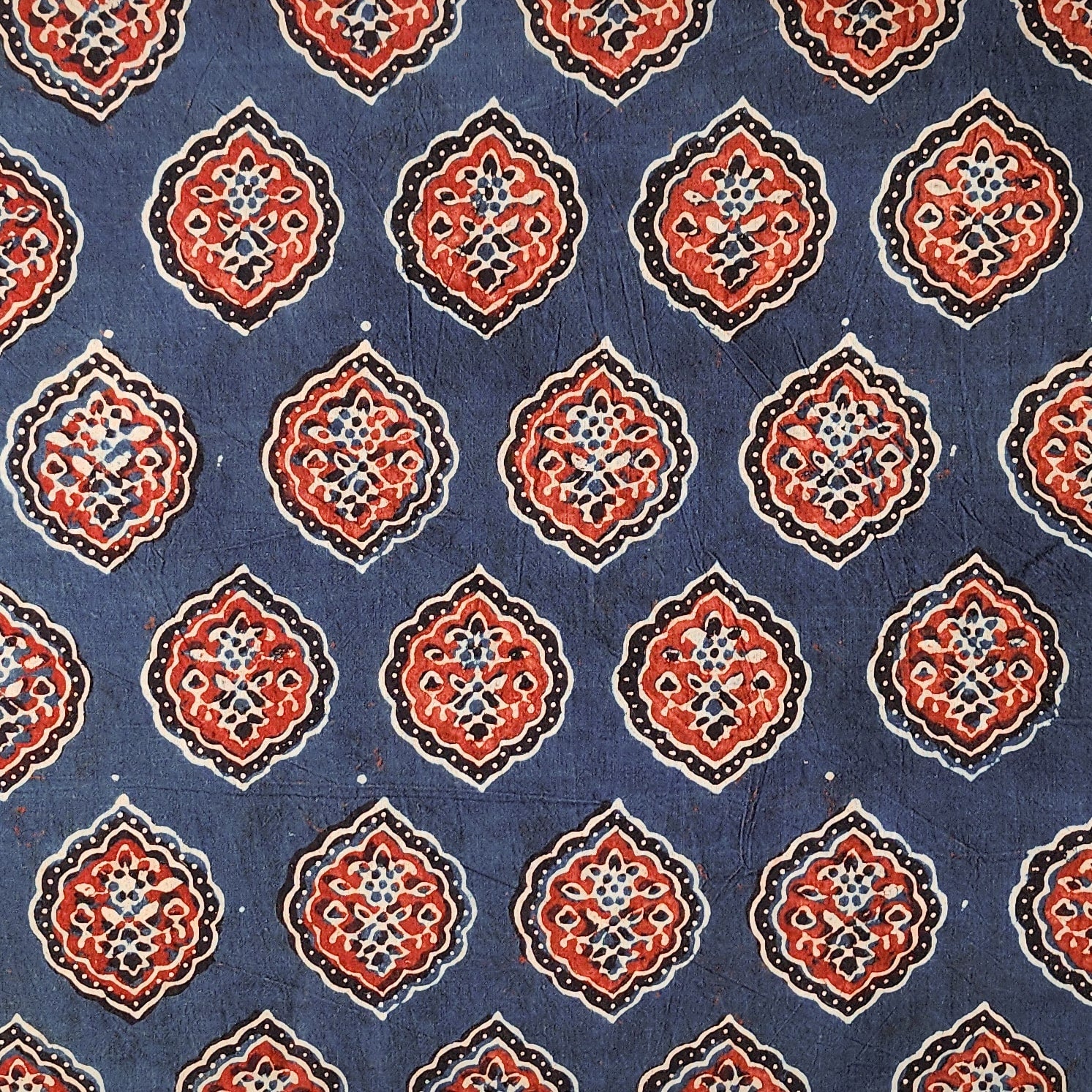 (PRE-CUT 0.90 METER) Pure Cotton Ajrak Blue With Rust Red Flower Motif – Sanskruti