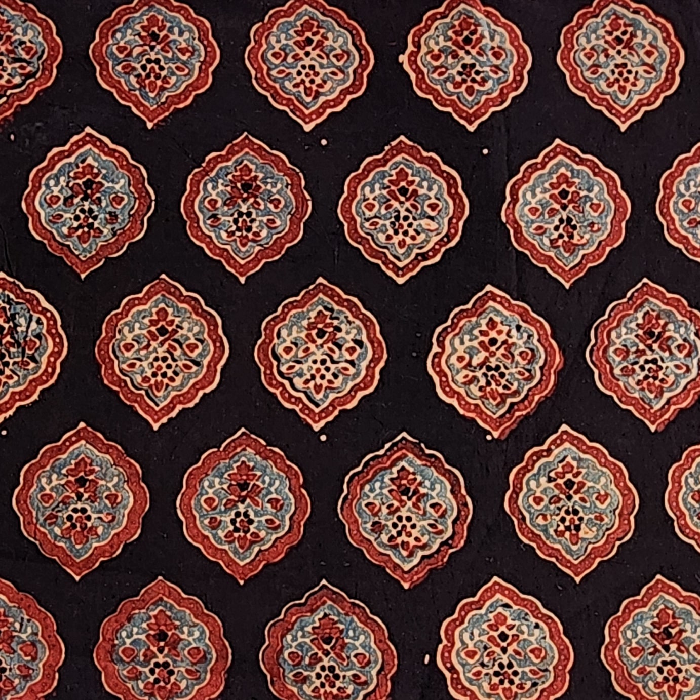 (PRE-CUT 2.35 METER) Pure Cotton Ajrak Black With Blue Flower Motif Ha – Sanskruti