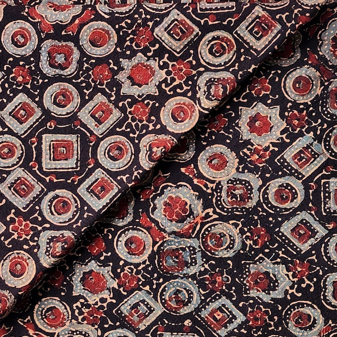 Pure Cotton Ajrak Black With Rust Red Square Circle Star Tiles Hand Bl ...