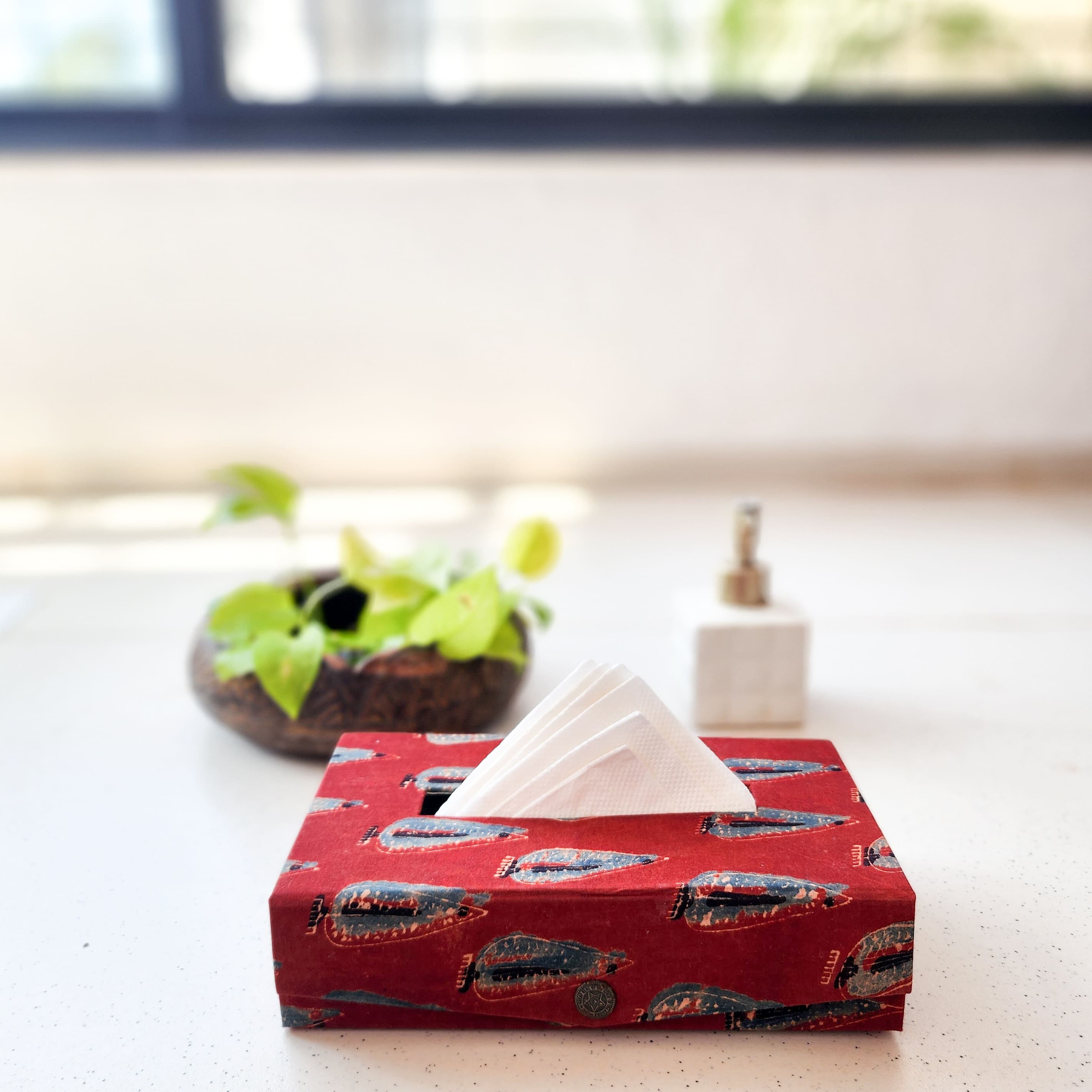 Handmade Ajrak Rust Red With Blue Leaves Tissue Box – Sanskruti
