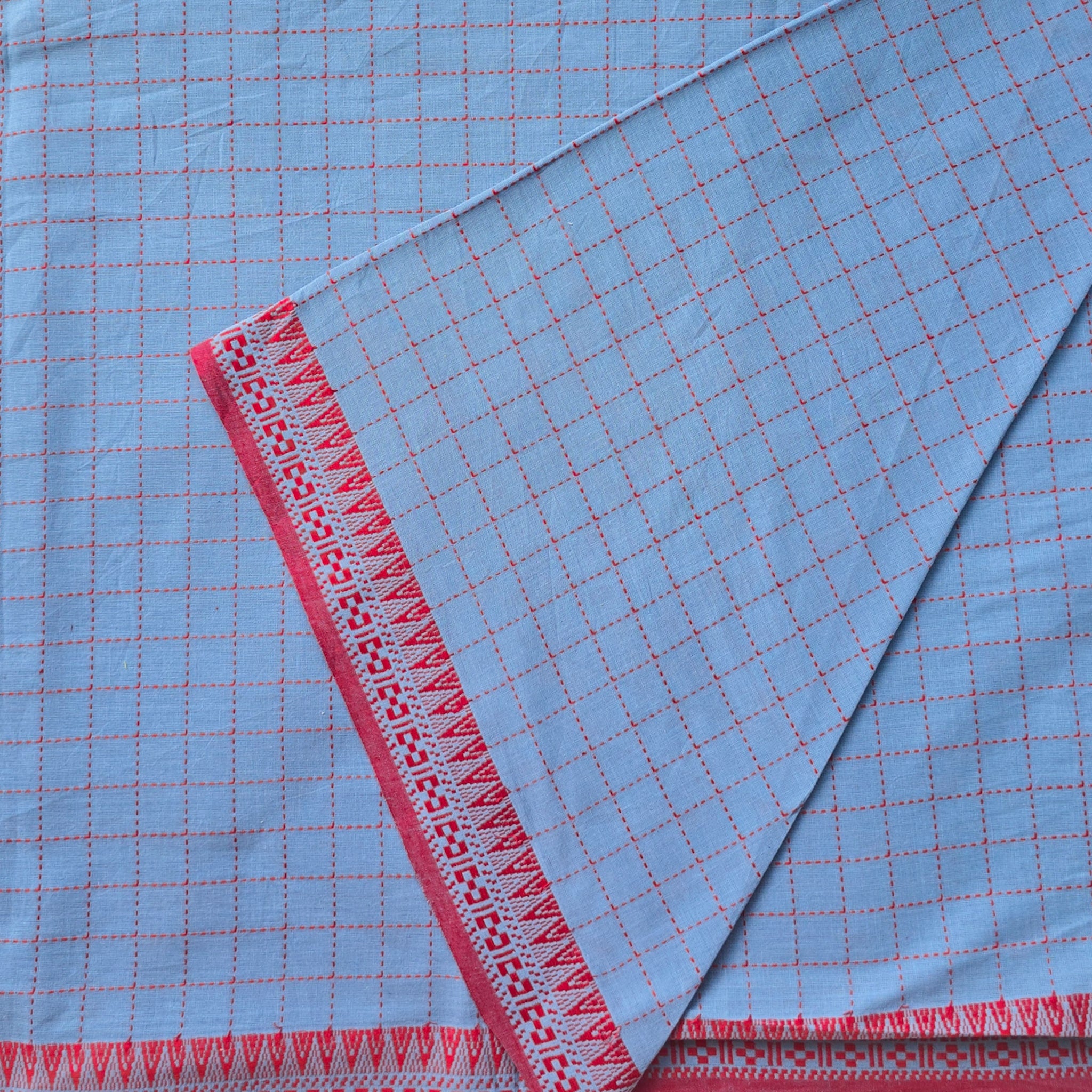 (Pre-Cut 1.15 Meter) Pure Cotton Handloom Blue With Red Checks And Tem ...