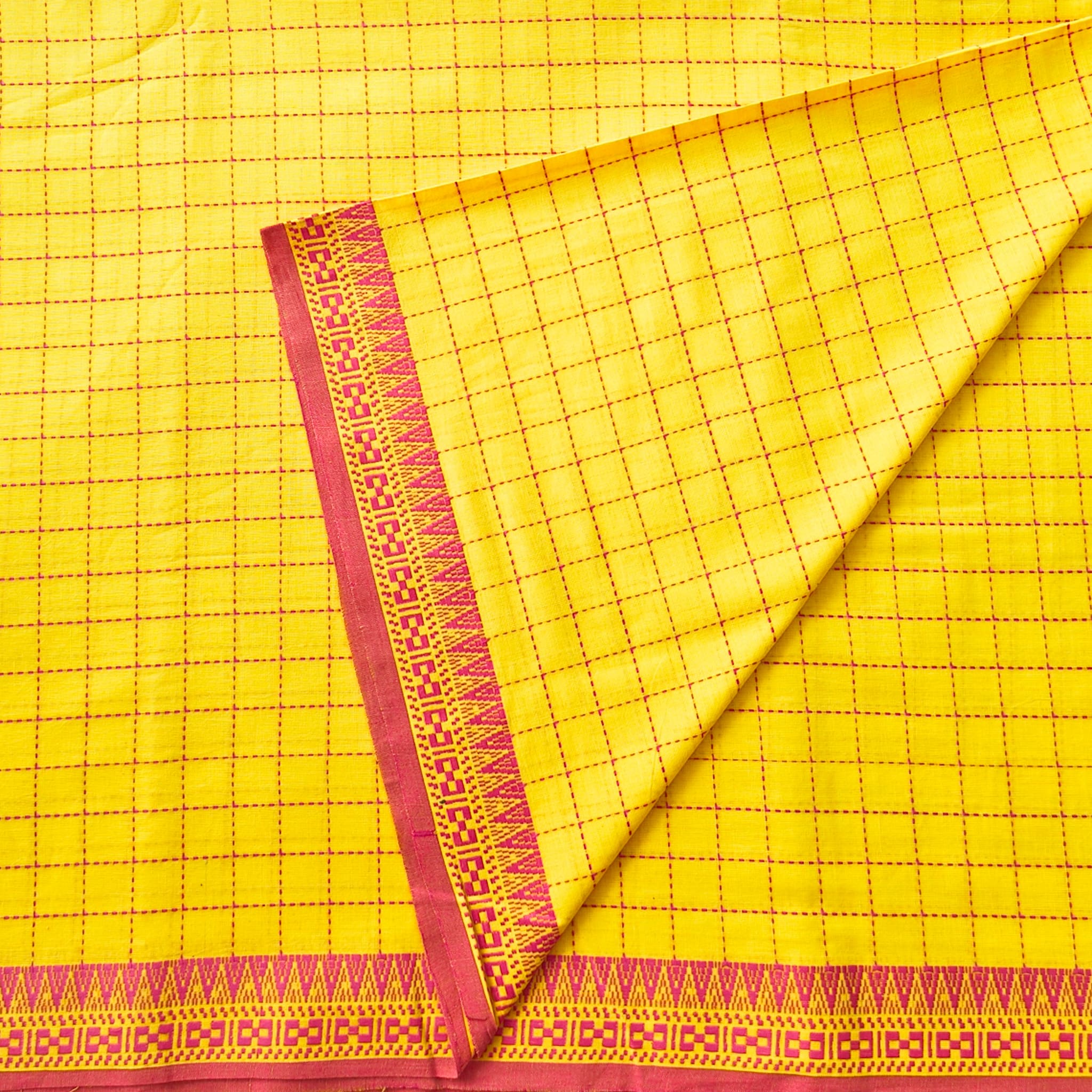 Pure Cotton Handloom Yellow With Pink Checks And Temple Border Design ...