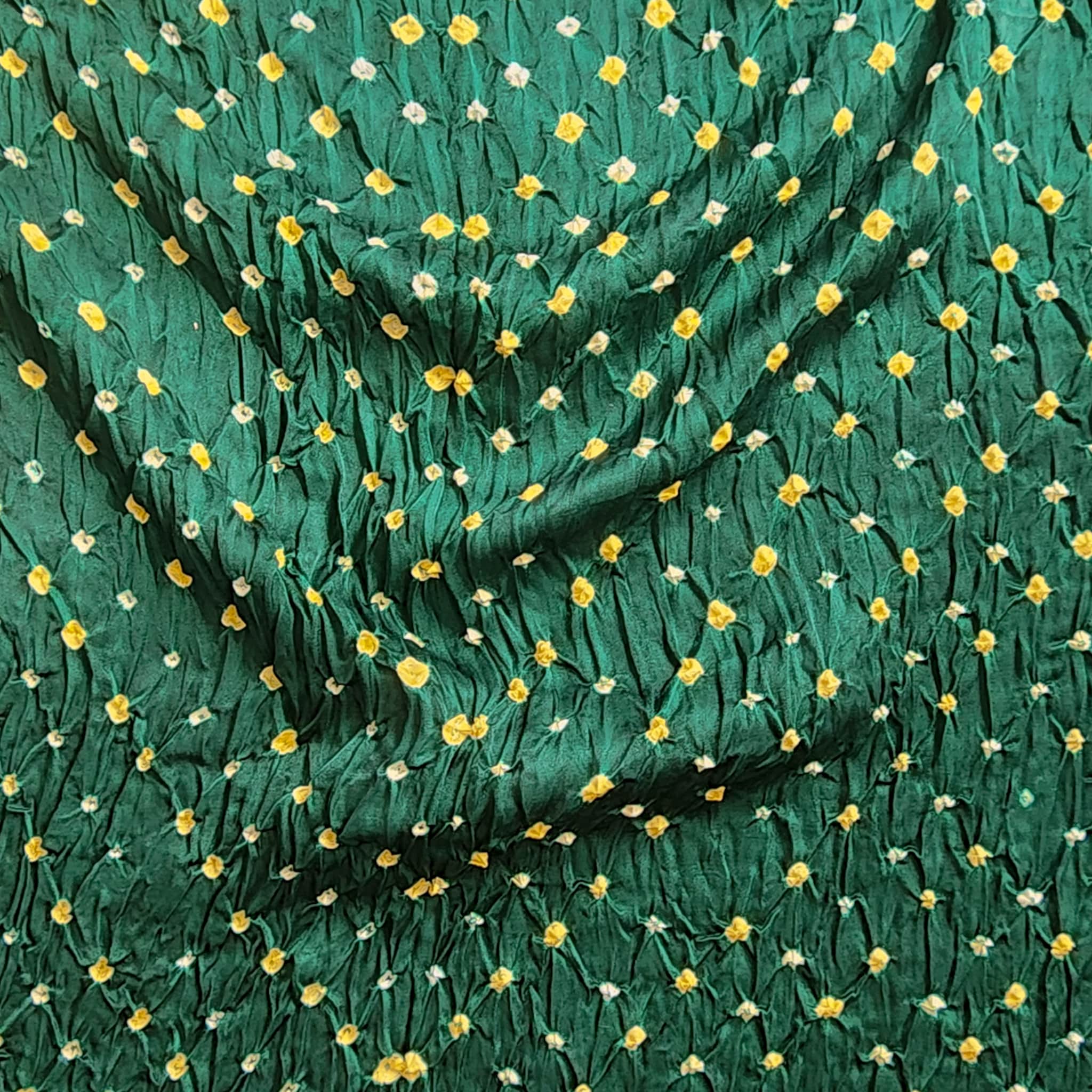 (PRE-CUT 1 METER) Modal Silk Dark Green With Yellow Bandhani Fabric ...