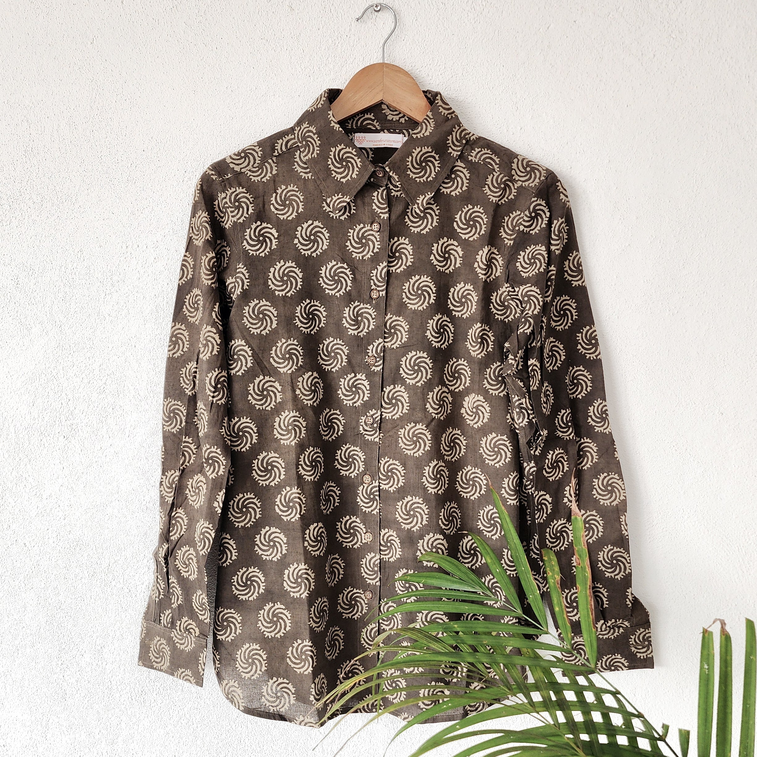 Pookie - Pure Cotton Ajrak Grey Brown With Cream Chakra Shirt – Sanskruti