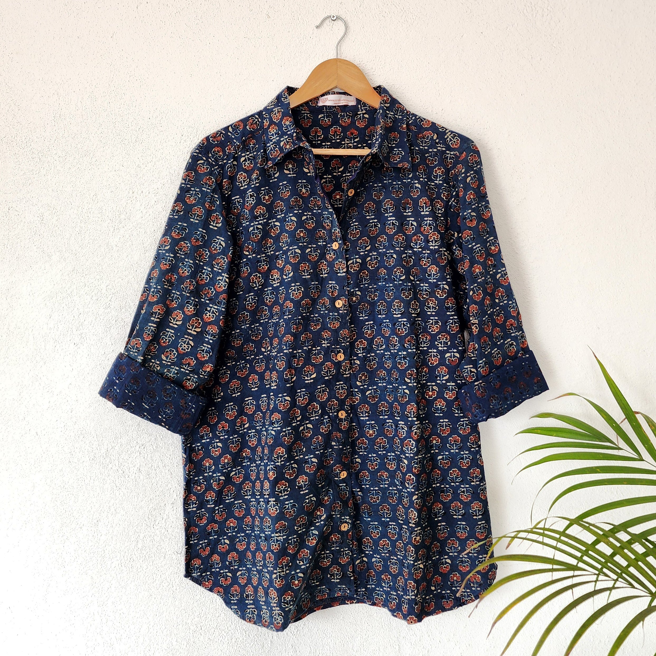 (2XL) Pookie - Pure Cotton Ajrak Blue With Rust Red Small Flower Shirt ...