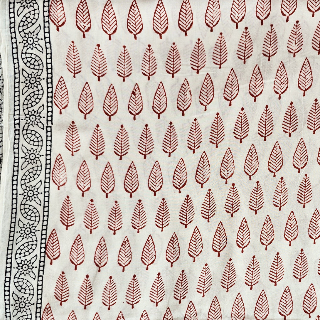 (PRE-CUT 2 METER) Modal Cotton Bagru White With Red Leaves Motifs Hand ...