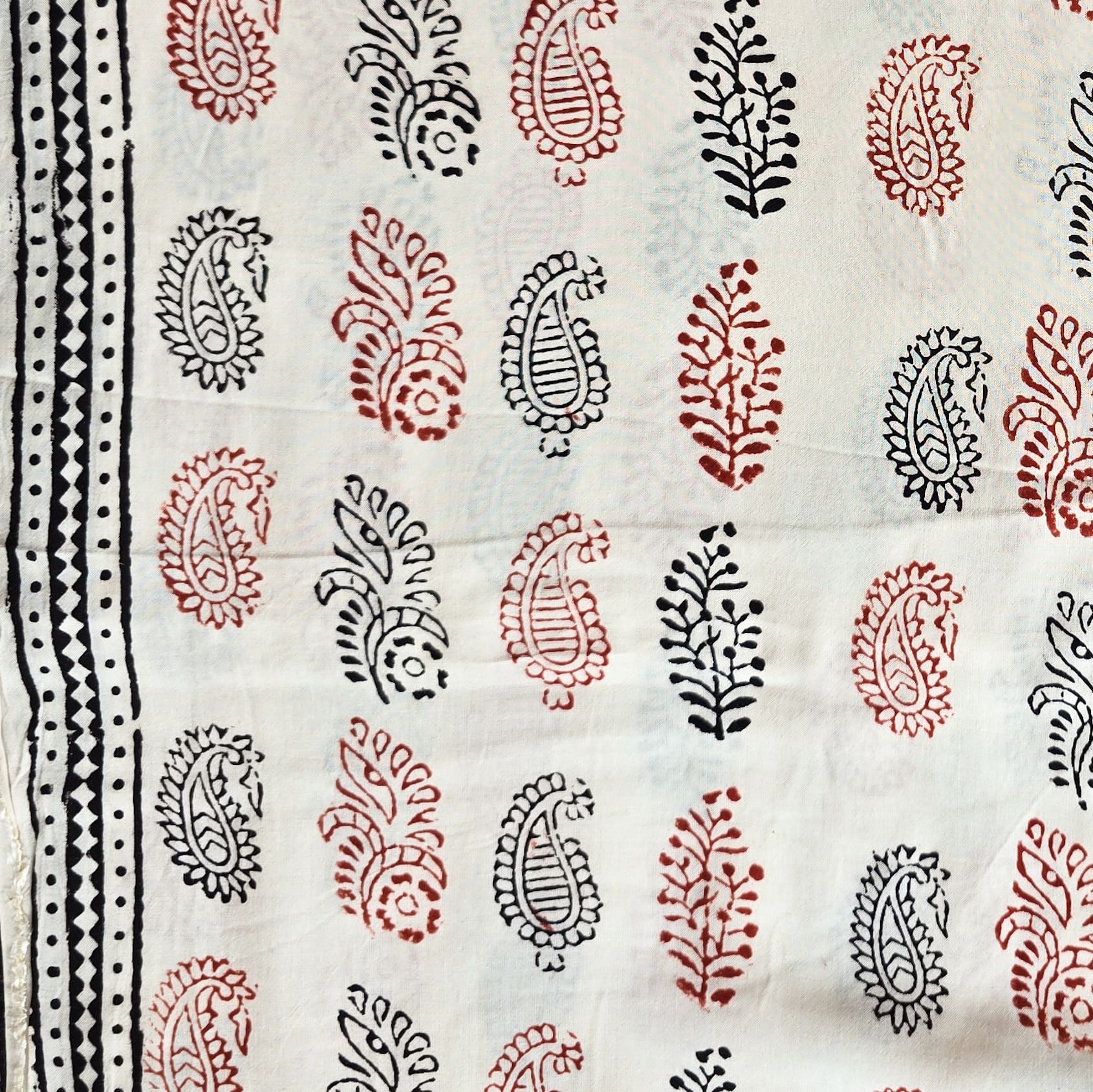 Modal Cotton Bagru White With Red And Black Motifs Hand Block Print Fa ...