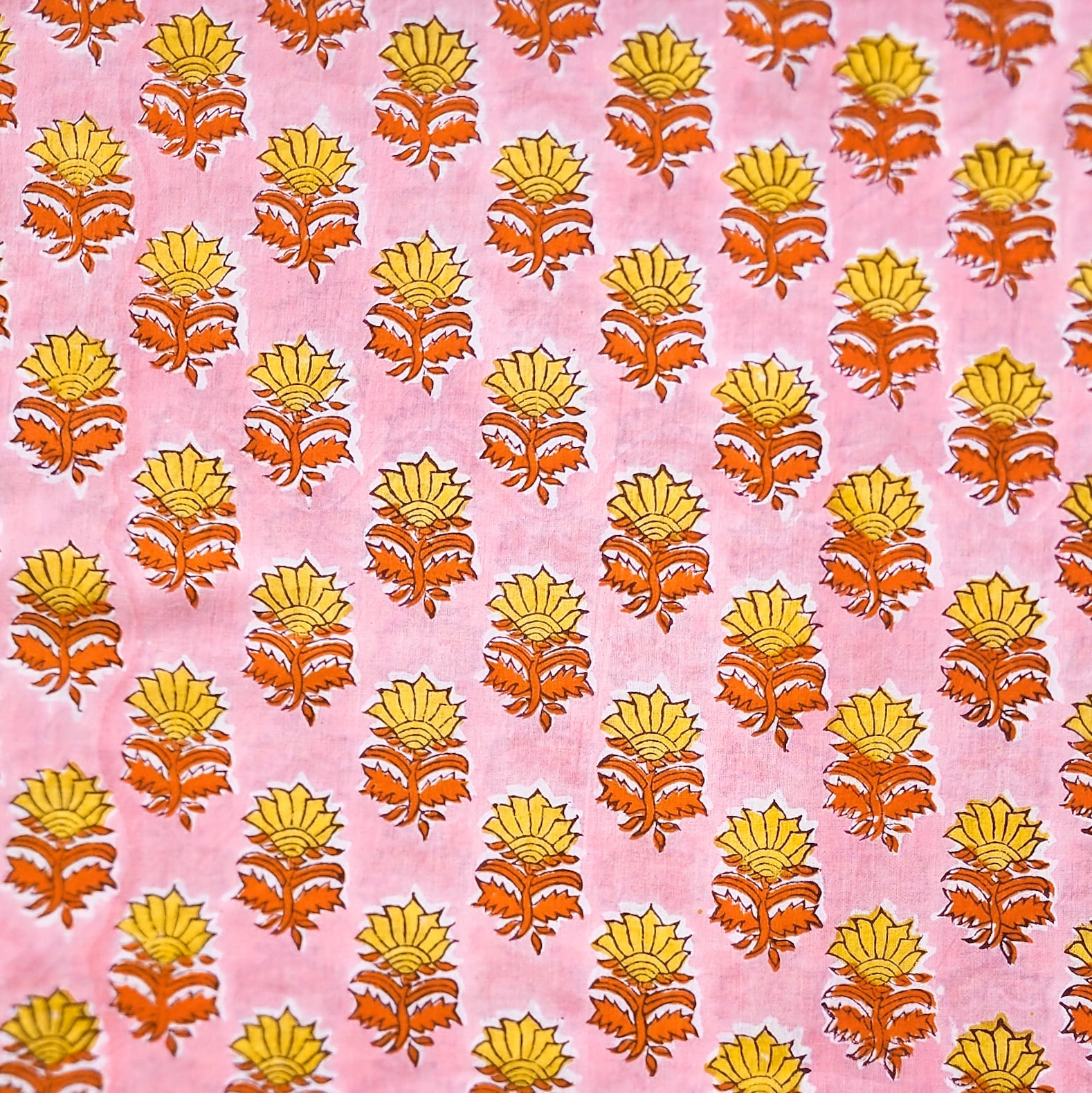 (PRE-CUT 1.20 METER) Pure Cotton Jaipuri Pink With Yellow Small Flower ...