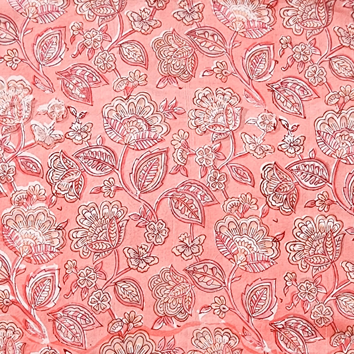 (Pre-Cut 1.70 Meter) Pure Cotton Jaipuri Peach With Flowers Jaal Hand ...