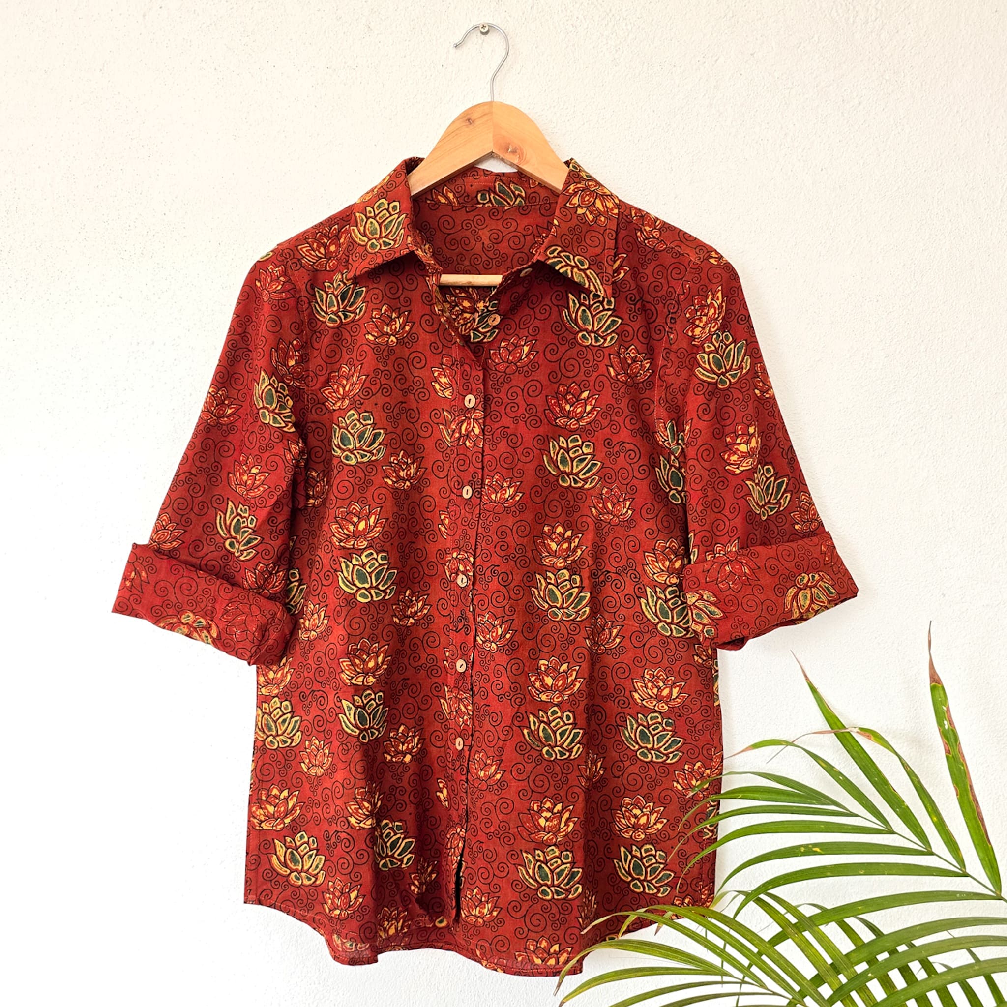 Pookie -Pure Cotton Ajrak Rust Red With Yellow And Green Flower Jaal S ...