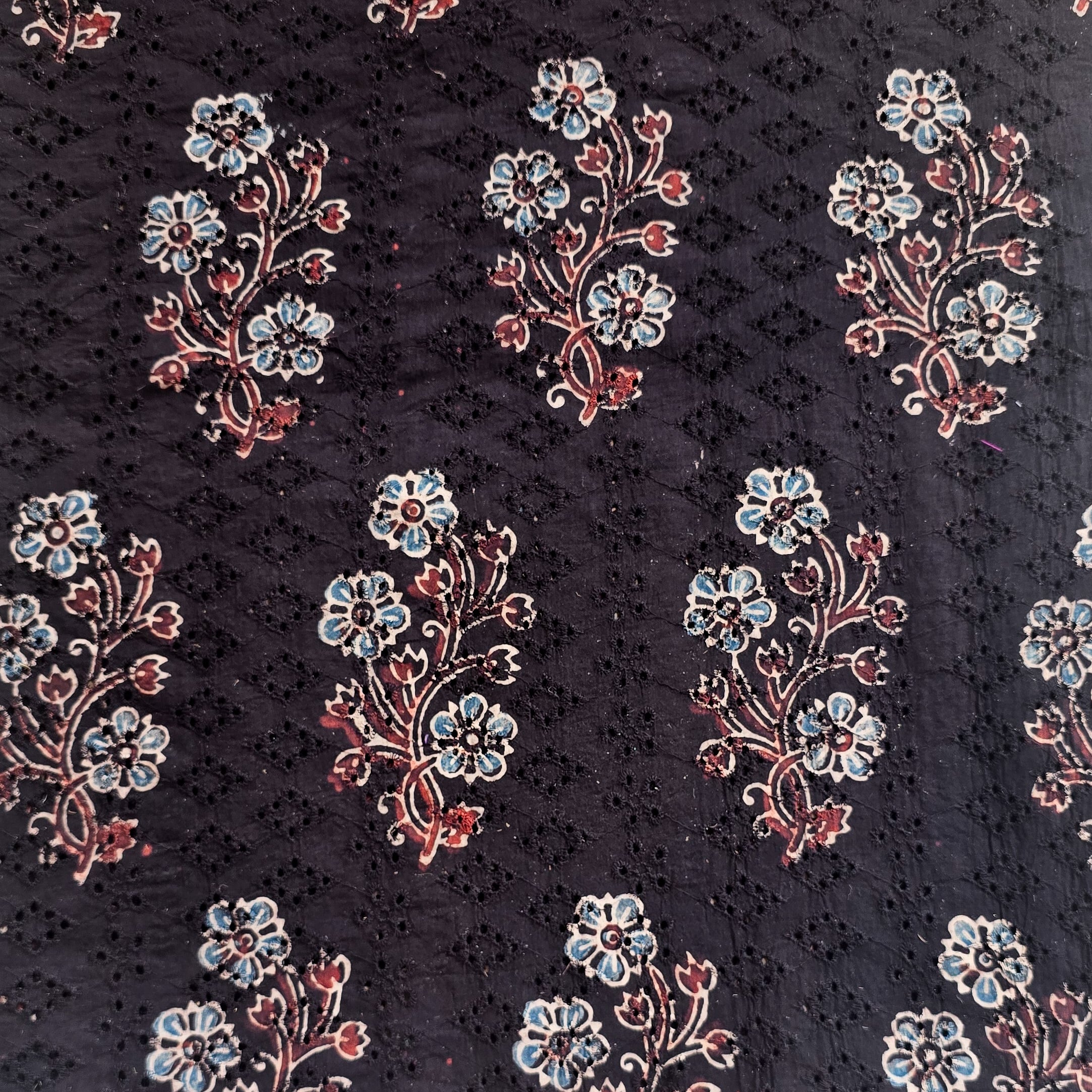 (PRE-CUT 2.10 METER) Pure Cotton Hakoba Ajrak Black With Rust Blue And – Sanskruti