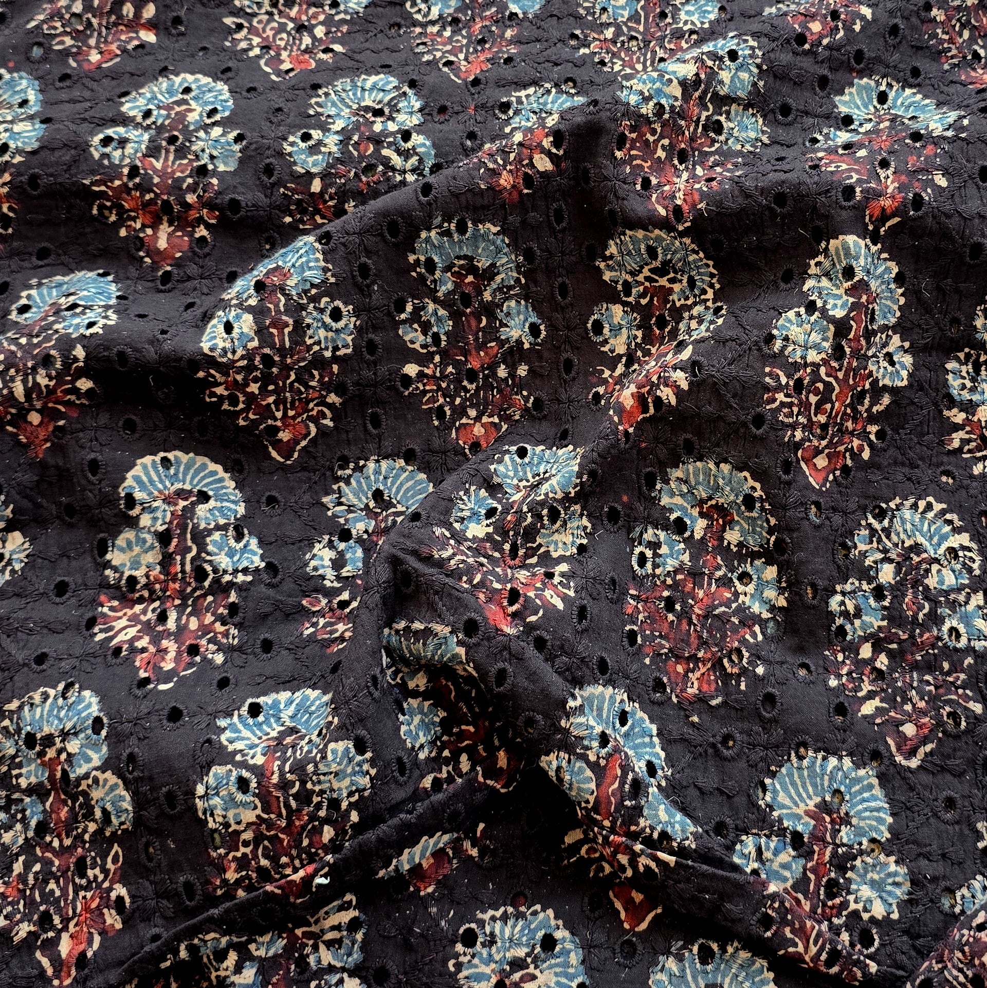 Pure Cotton Hakoba Ajrak Black With Rust Blue Flower Motif Hand Block – Sanskruti