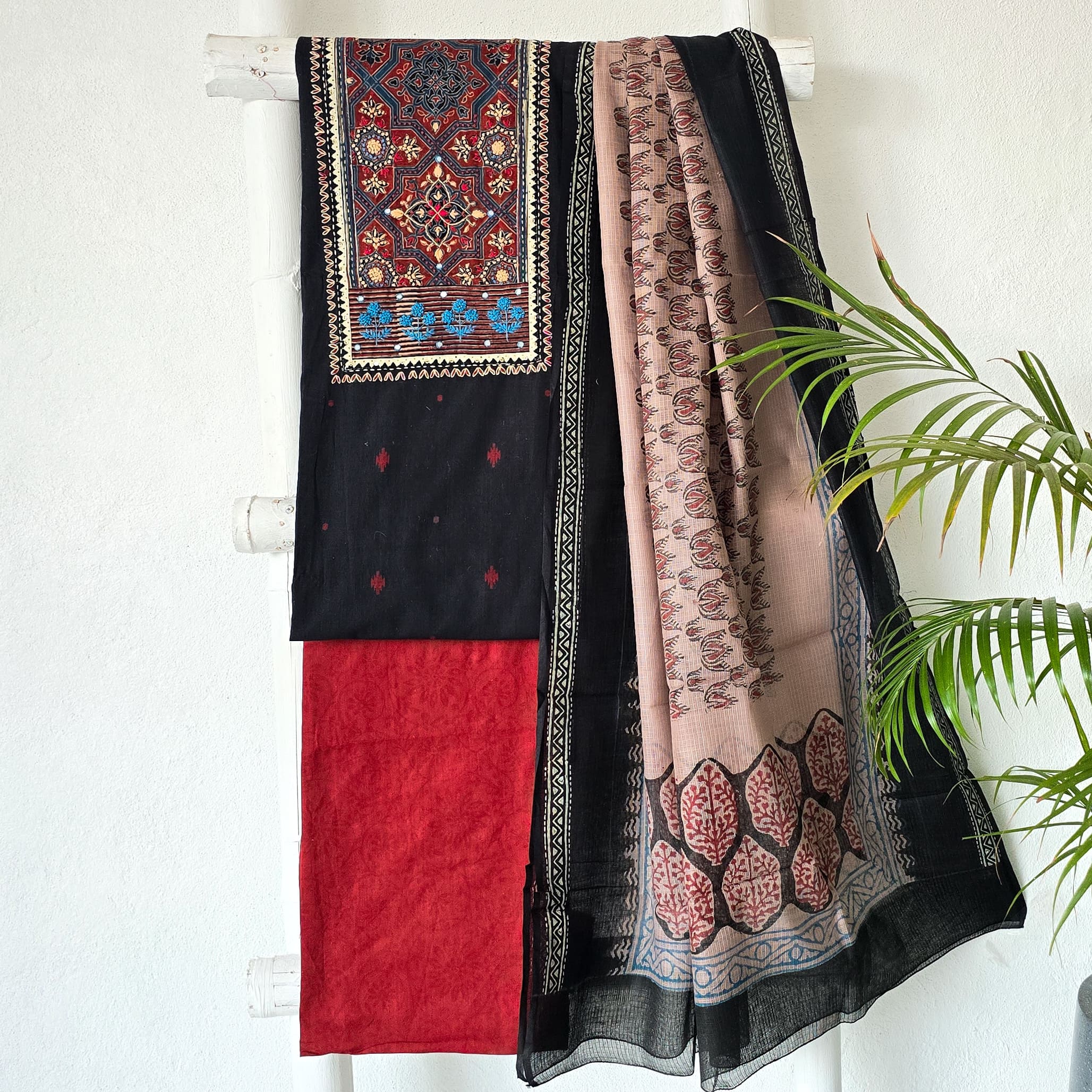 Roshani - Pure Cotton Self Design Black With Rust Red Beautiful Embroi ...