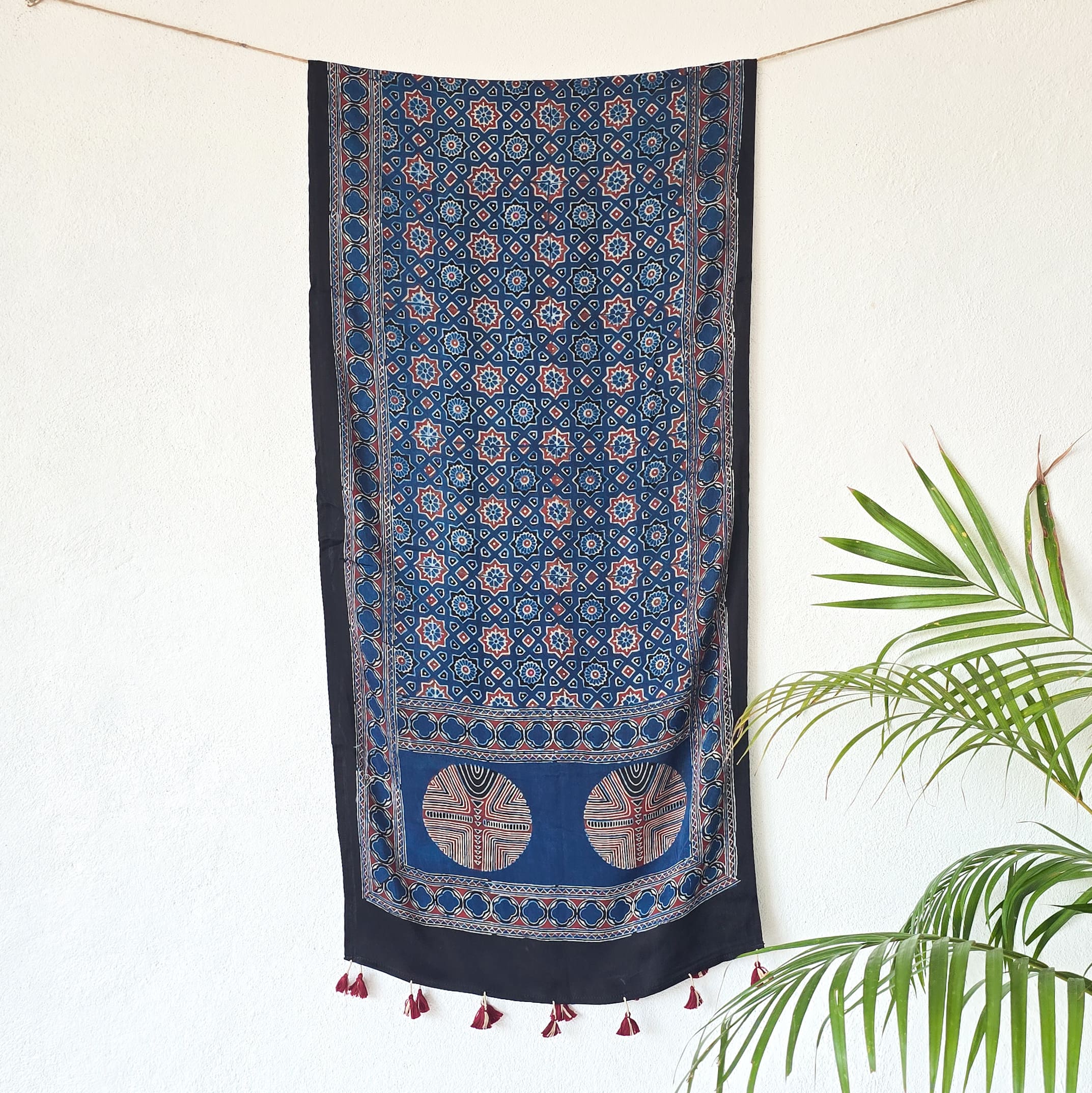 Modal Silk Ajrak Blue With Red And Black Intricate Design Stole – Sanskruti