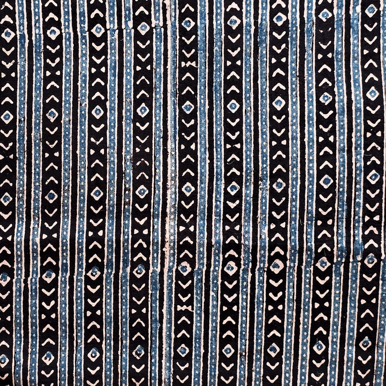 Pure Cotton Ajrak Black With Blue Border Stripes Hand Block Print Fabr – Sanskruti