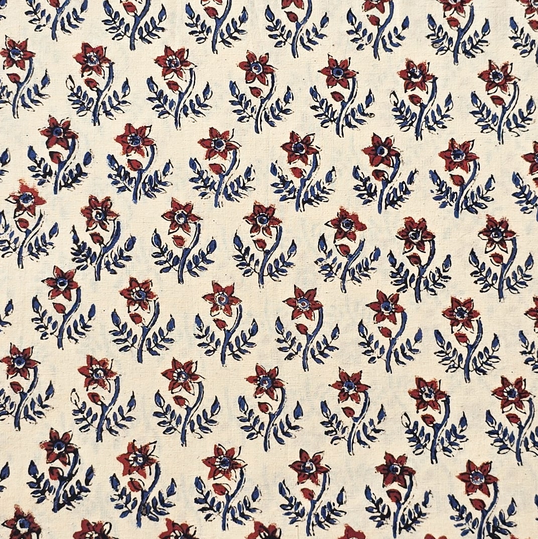 Pure Cotton Bagru Cream With Blue And Red Flower Motif Hand Block Prin ...