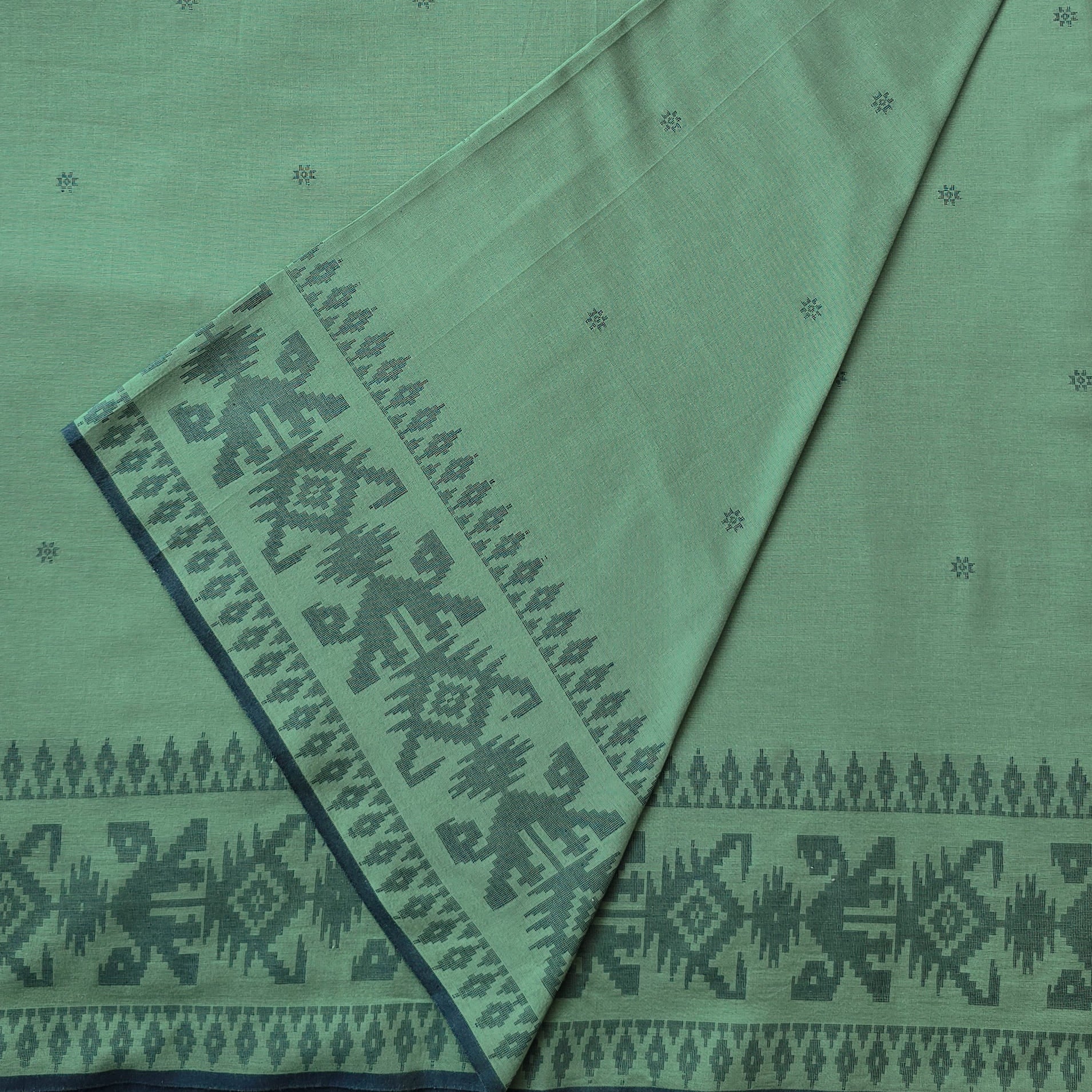 Pure Cotton Handloom Jamdani woven Fabric Celadon Green With Blue Bord ...