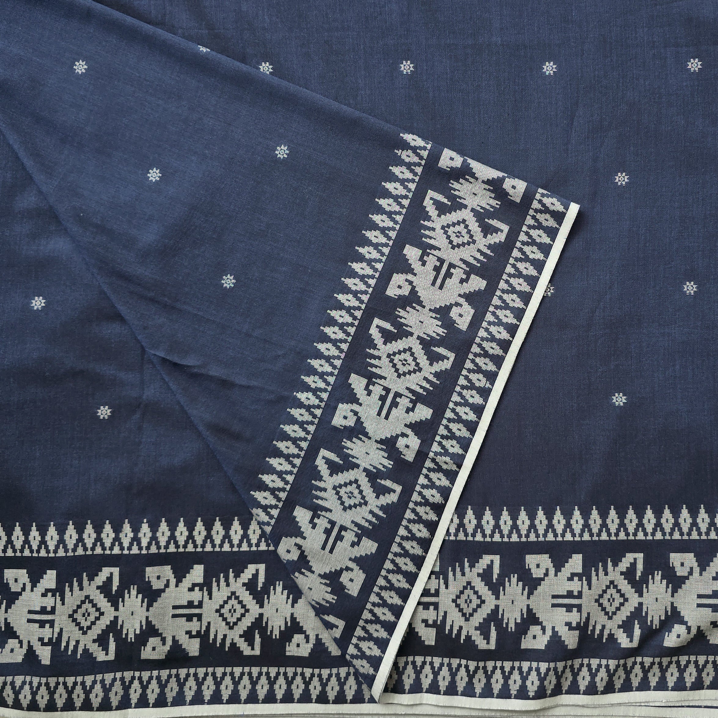 Pure Cotton Handloom Jamdani woven Fabric Navy Blue With Off White Bor ...