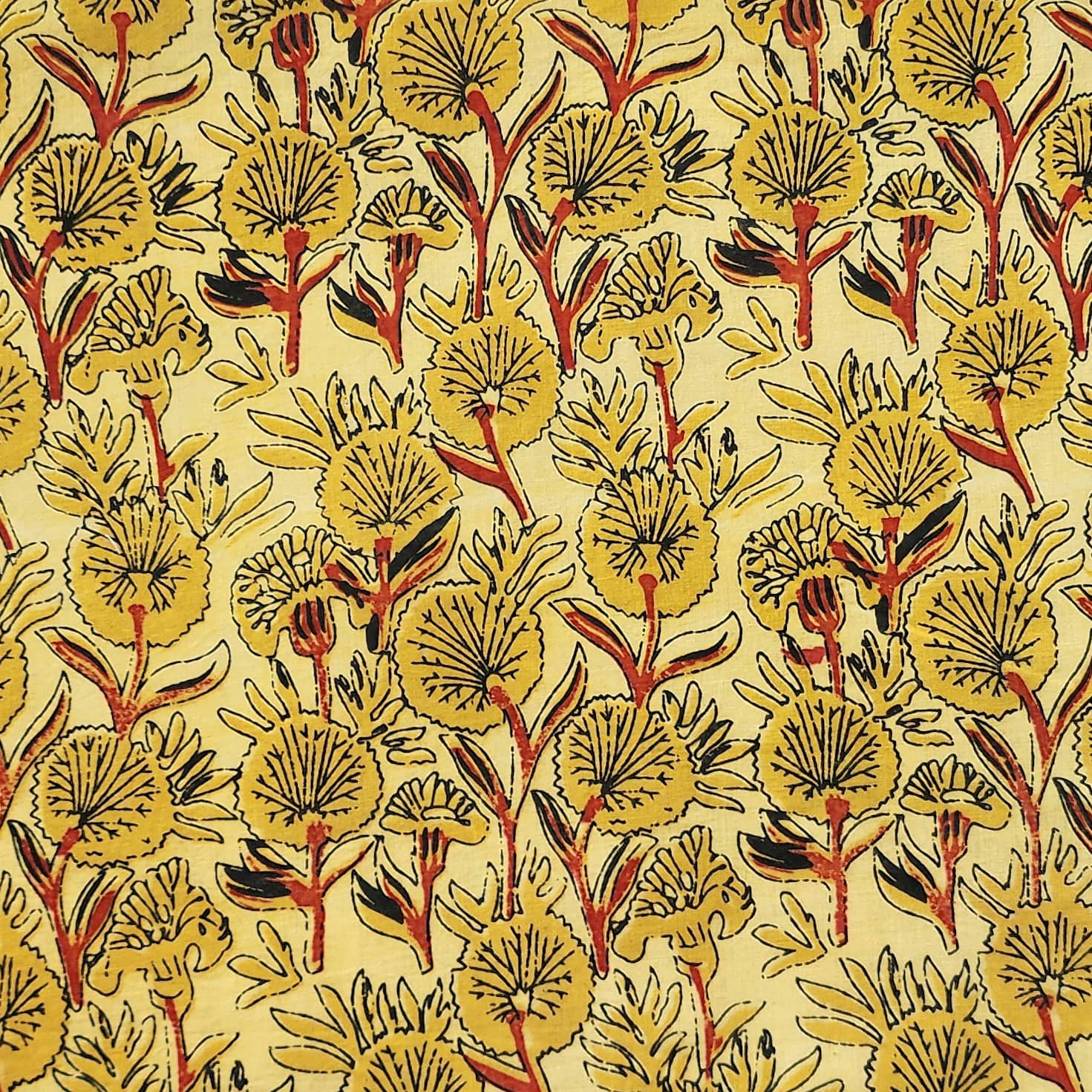 (PRE-CUT 1.85 METER) Pure Cotton Vanaspati Yellow With Flower Jaal Han ...