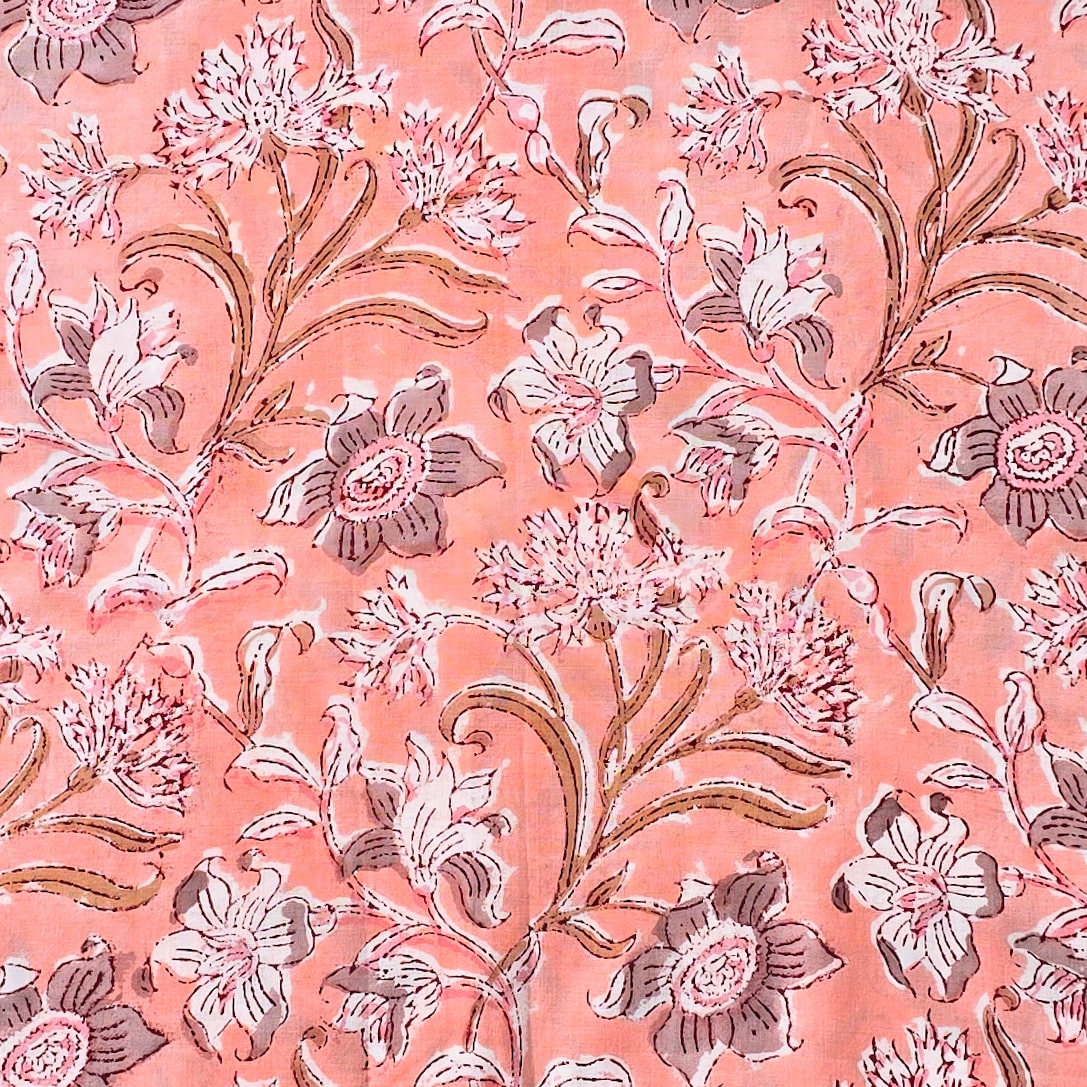 (PRE-CUT 1.60 METER) Pure Cotton Jaipuri Peach With Flower Jaal Hand B – Sanskruti