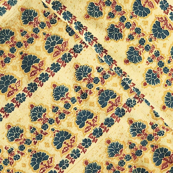 Pure Cotton Gad Ajrak Mustard With Rust Blue Flower Border Hand Block – Sanskruti