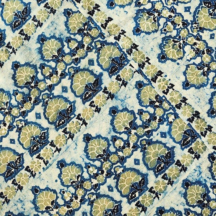 Pure Cotton Gad Ajrak Cream With Light Green Flower Border Hand Block – Sanskruti