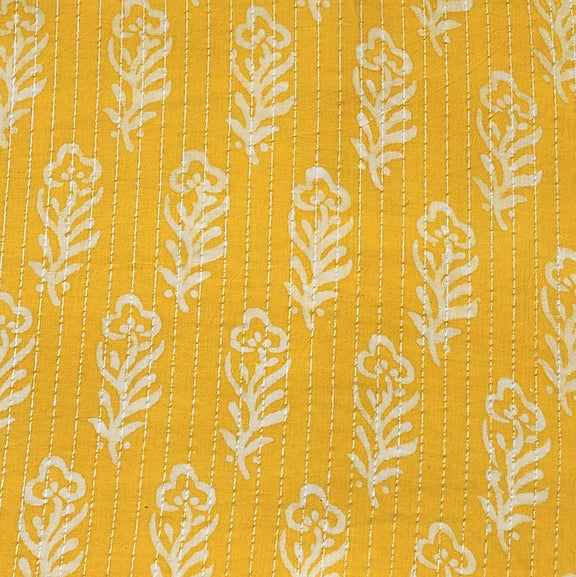(Pre-Cut 2 Meter) Pure Cotton Dabu Lurex Katha Yellow With White Flowe – Sanskruti