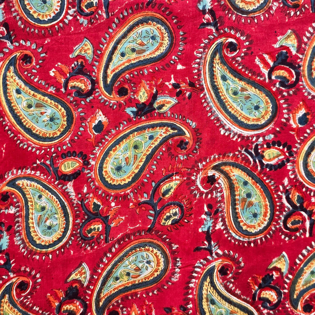 (PRE-CUT 1 METER) Pure Cotton Jaipuri Red With Blue Kairi Jaal Hand Bl ...