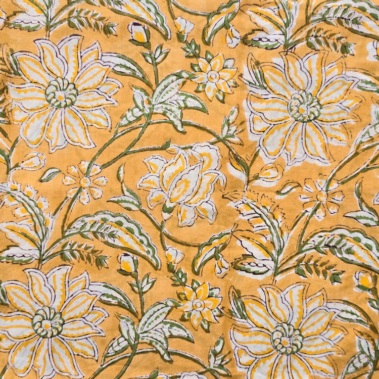 (PRE-CUT 2 METER) Pure Cotton Jaipuri Mustard With Big Flower Jaal Han ...