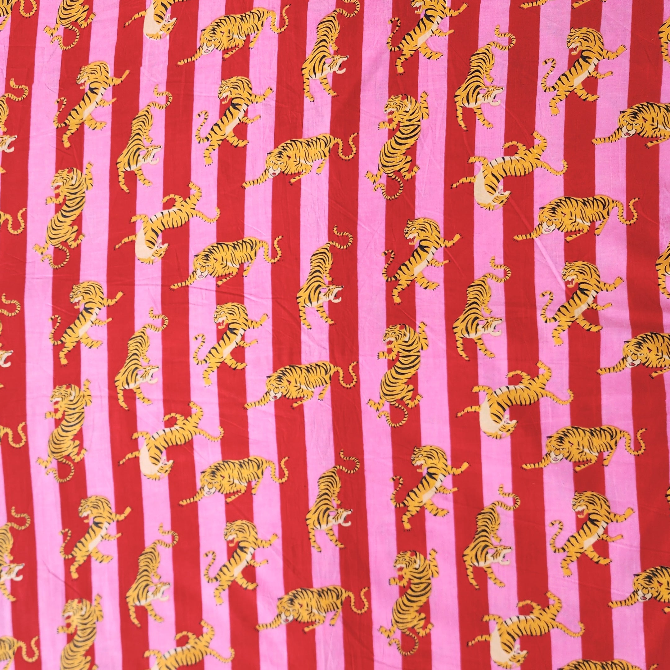 Pure Cotton Screen Print Red And Pink Stripes With Tiger Fabric – Sanskruti
