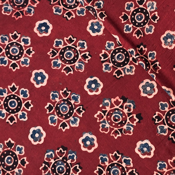 Pure Cotton Ajrak Rust Red With Rust Blue And Black Flower Motif Hand – Sanskruti