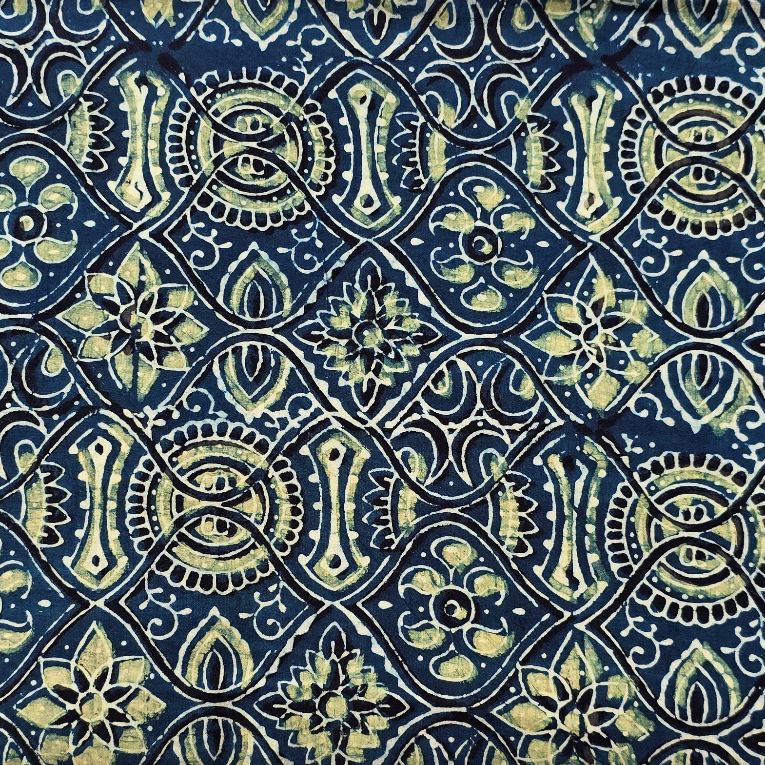 (PRE-CUT 1.30 METER) Pure Cotton Ajrak Rust Blue With Green Intricate – Sanskruti