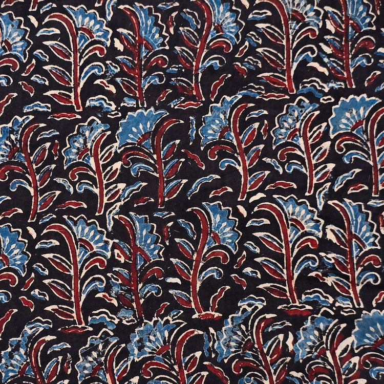 (PRE CUT 1 METER )Pure Cotton Ajrak Black With Rust Blue Flower Plant – Sanskruti