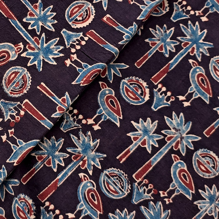Pure Cotton Ajrak Black With Rust Blue Coconut Tree Farm Hand Block Pr – Sanskruti