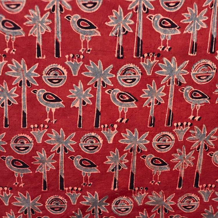 Pure Cotton Ajrak Rust Red With Rust Blue Coconut Tree Farm Hand Block – Sanskruti
