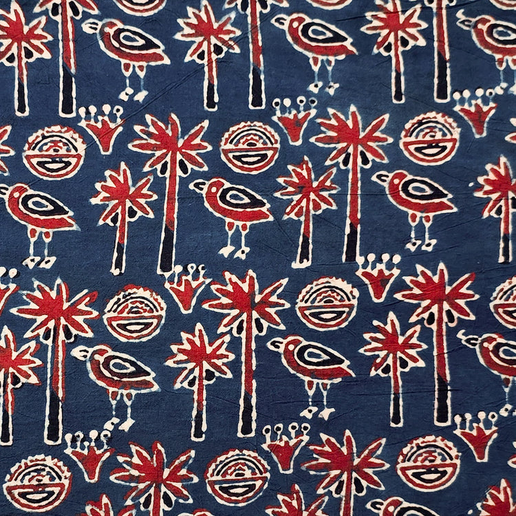 Pure Cotton Ajrak Blue With Maroon Coconut Tree Farm Hand Block Print – Sanskruti