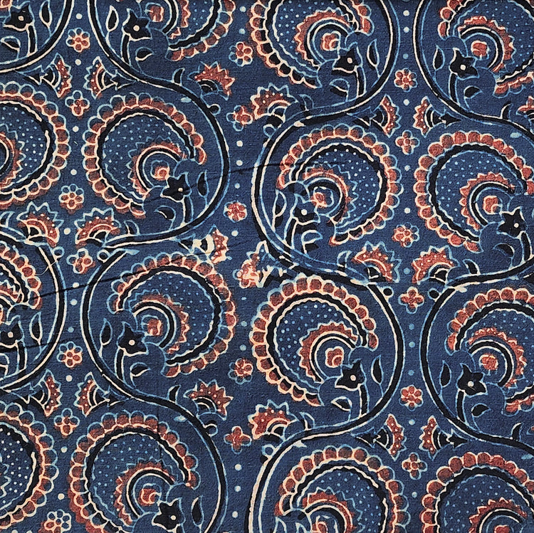 (PRE-CUT 1.35 METER) Pure Cotton Ajrak Rust Blue With Red Flower Jaal – Sanskruti