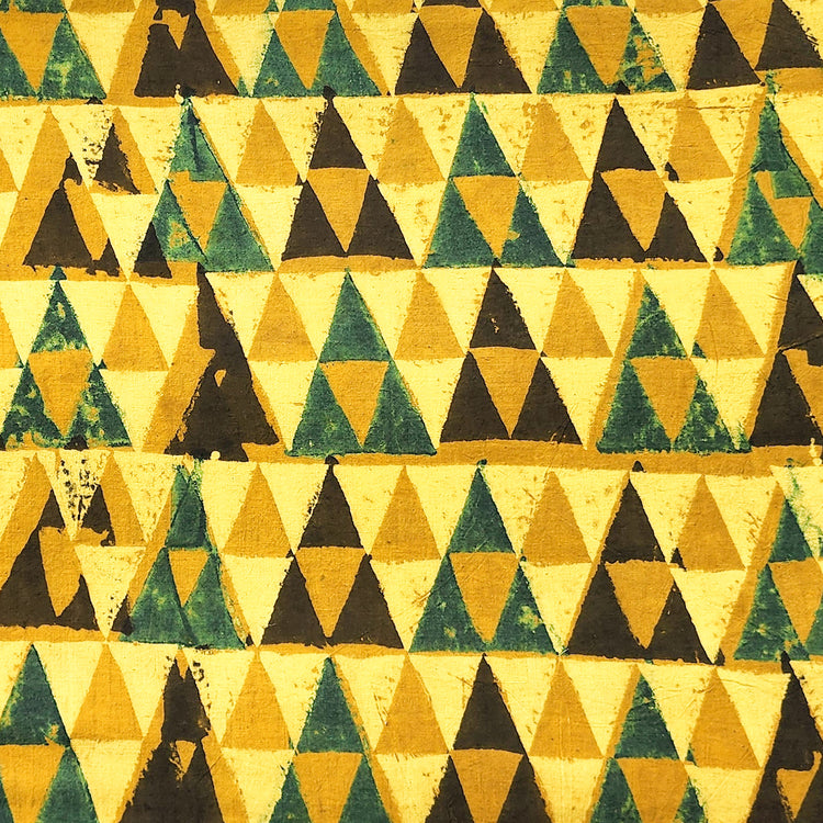 Pure Cotton Ajarak Yellow With Green And Black Triangles Hand Block Pr ...
