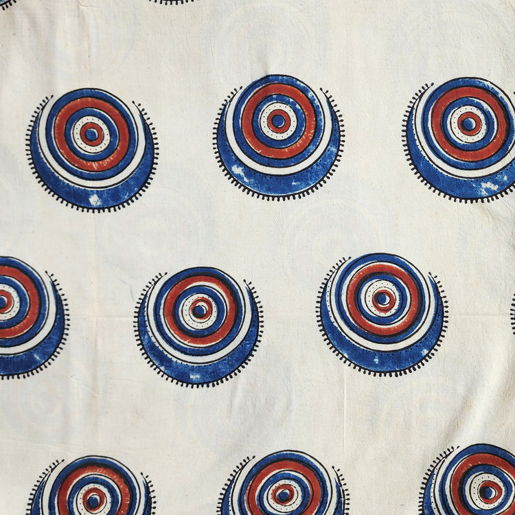 Pure Cotton Ajrak Cream With Blue And Red Big Circle Motif Hand Block – Sanskruti