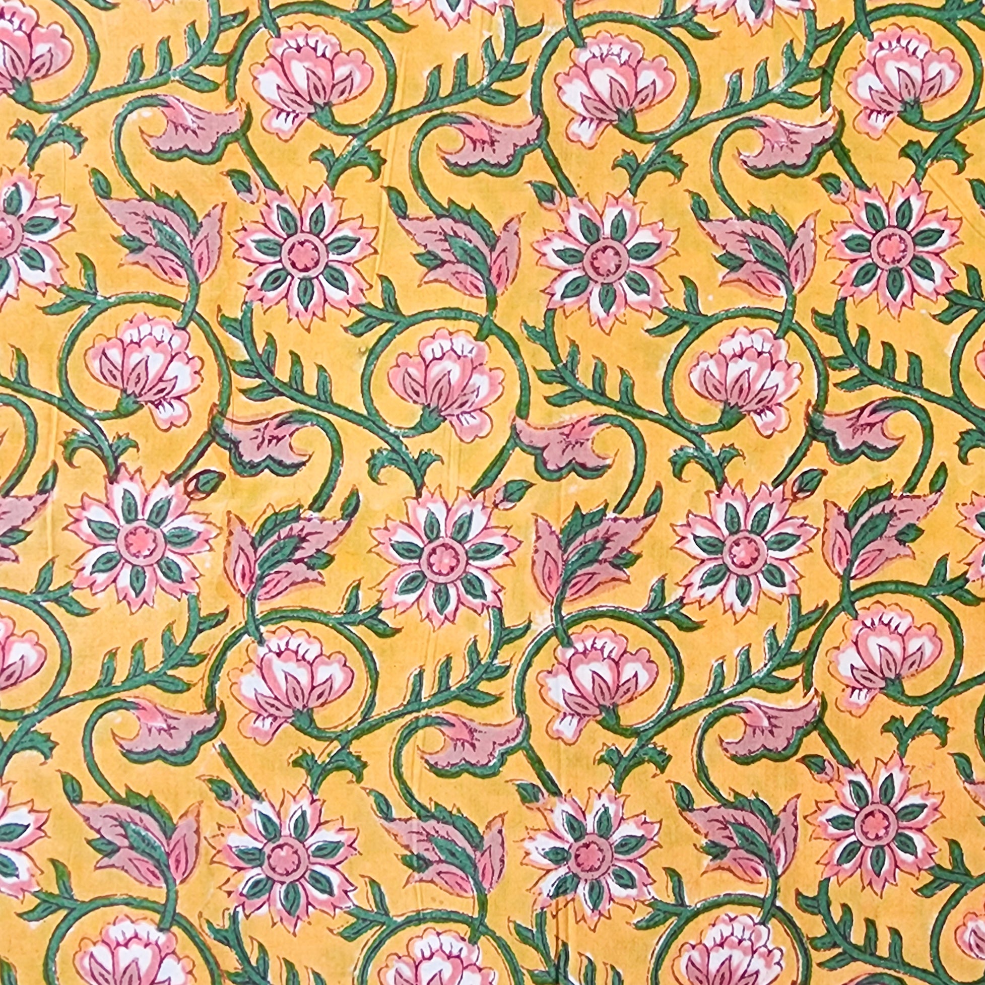 (PRE-CUT 1.40 METER) Pure Cotton Jaipuri Mustard Yellow With Peach Flo ...